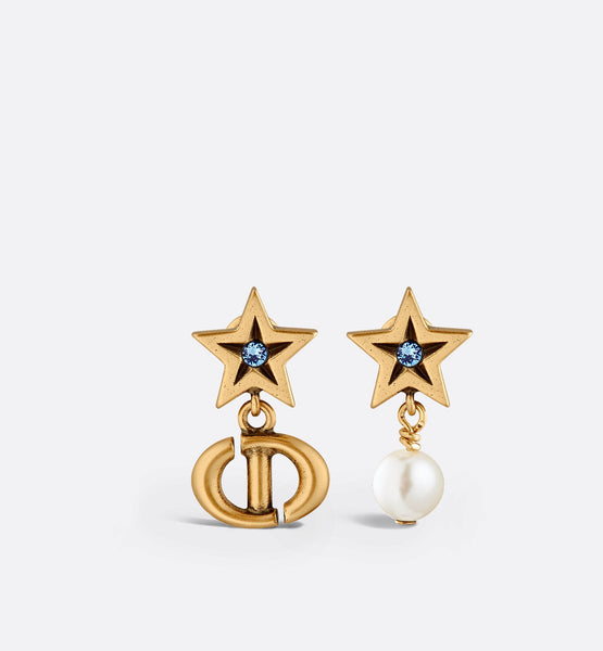 Dior Lucky Charms Stud Earrings Antique Gold Finish Metal White Resin Sands